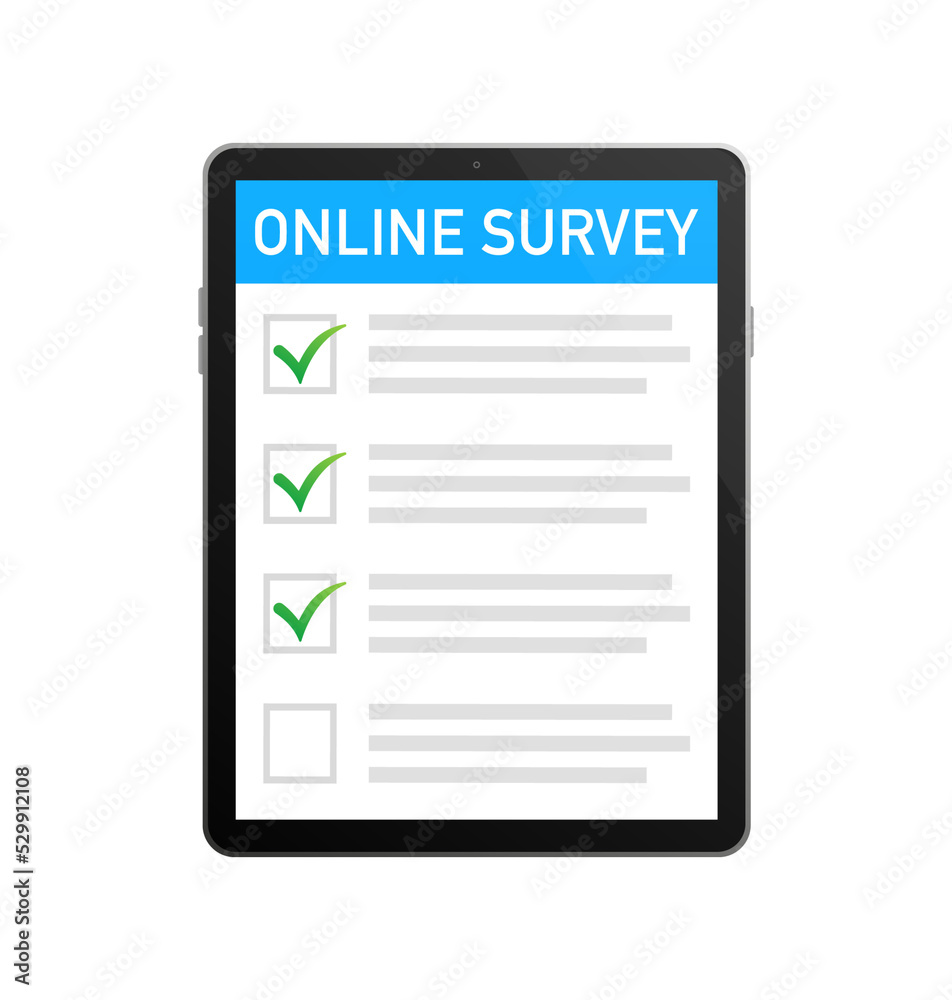 Checklist on tablet screen. Online survey concept. Hand holds tablet ...