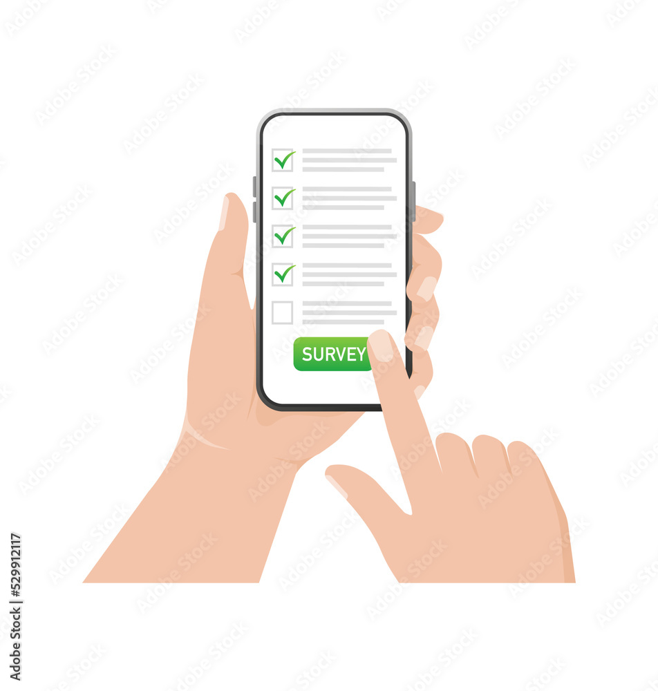 Checklist on smartphone screen. Online survey concept. Hand holds ...