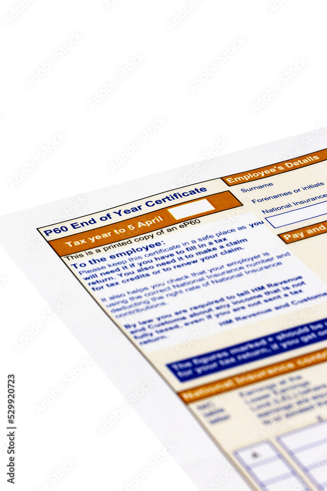 P60 End of year Certificate issued by HMRC in the United Kingdom. With ...