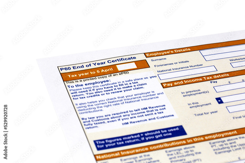 P60 End of year Certificate issued by HMRC in the United Kingdom. With ...