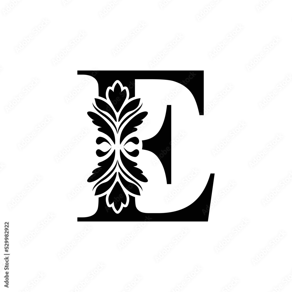letter E Black flower alphabet. Beautiful capital letters with shadow ...