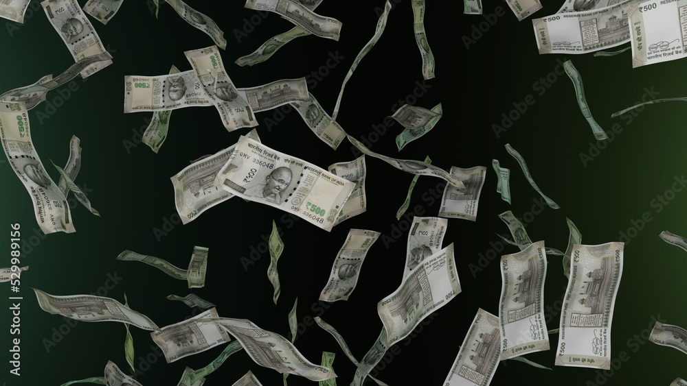 500 Indian Rupee bills falling down. Banknotes. Money rain. Jackpot or ...