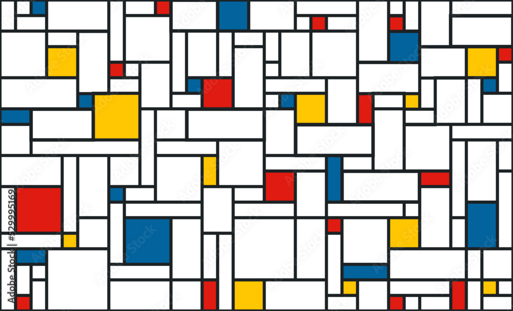 Abstract color-blocking seamless pattern.Piet Mondrian's artwork inspiration. Black line and red ...