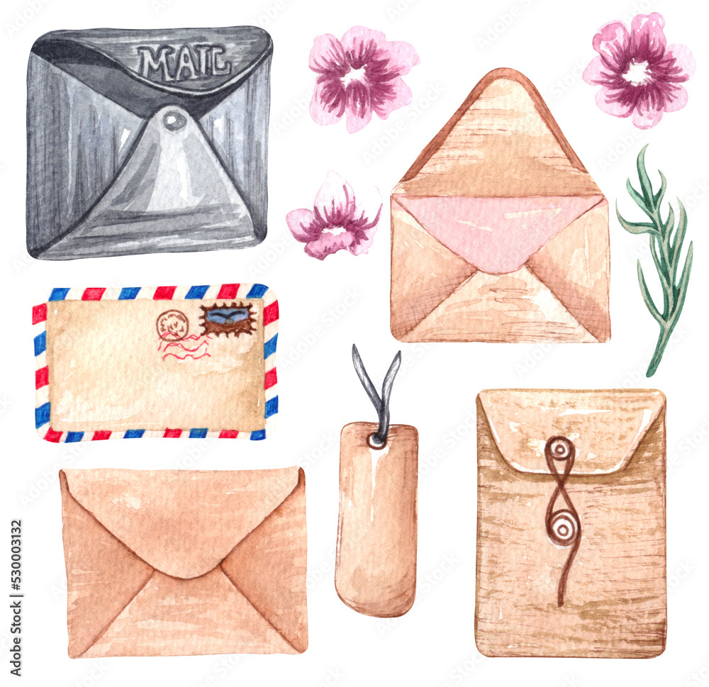 Watercolor hand painted mailboxes with envelopes clipart set isolated ...