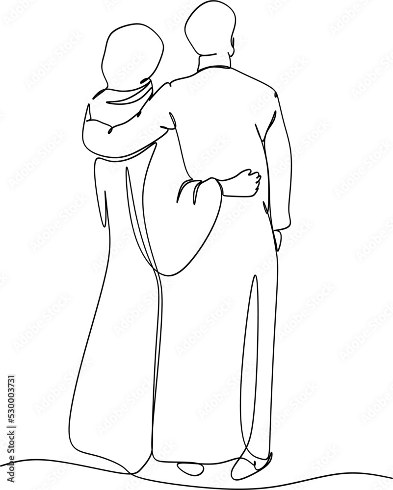 Continuous one line drawing muslim couples wife and husband wearing ...