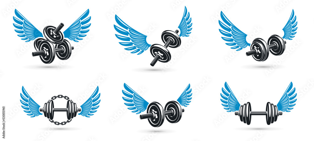 Gym fitness sport emblems and logos vector set isolated with winged ...