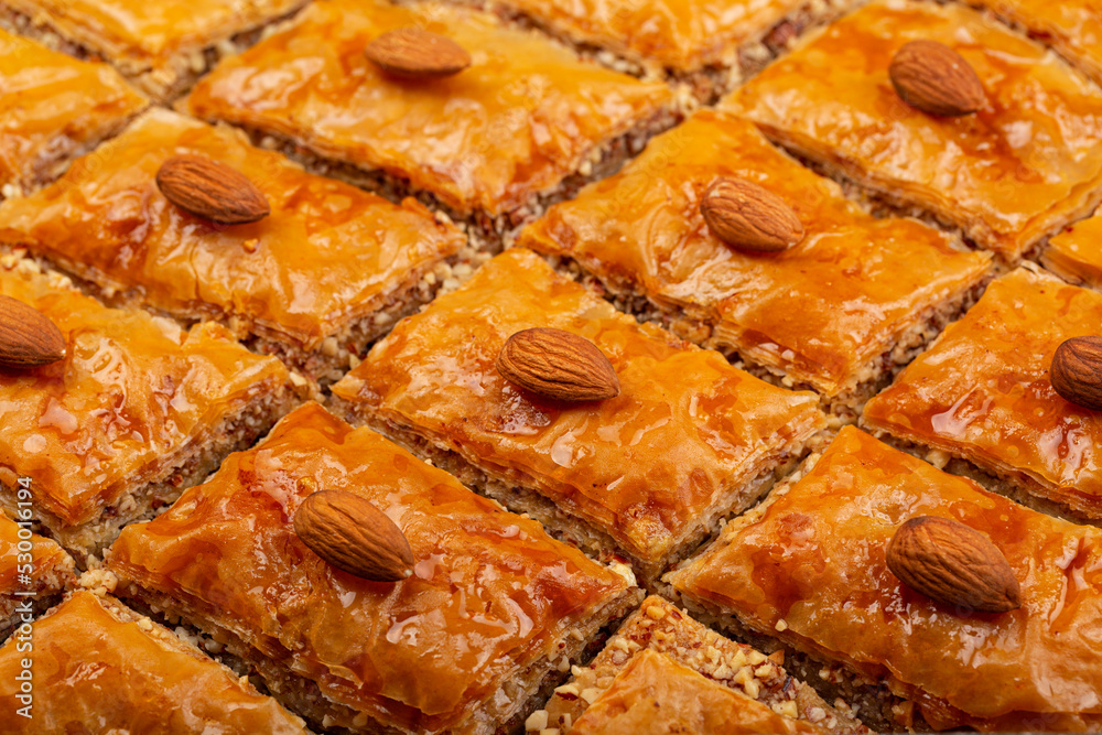 Homemade Baklava. Layered pastry dessert made of filo pastry, filled ...