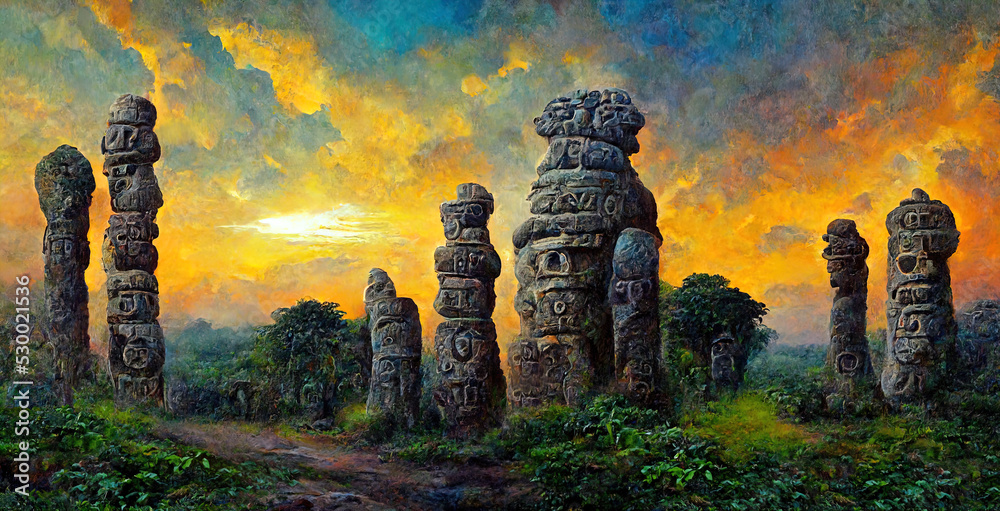 Ancient Aztec stone structures. Stone pillars of the ancient Mexican ...