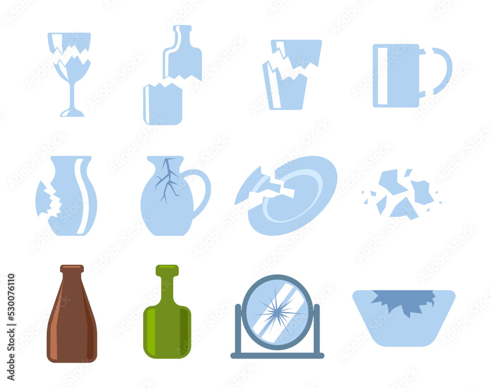 Collection set waste garbage glass. broken object recycle isolated on ...