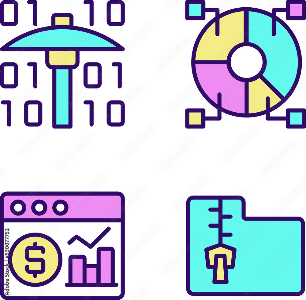 Data mining in industry RGB color icons set. Knowledge discovering in data. Analyze and storage ...