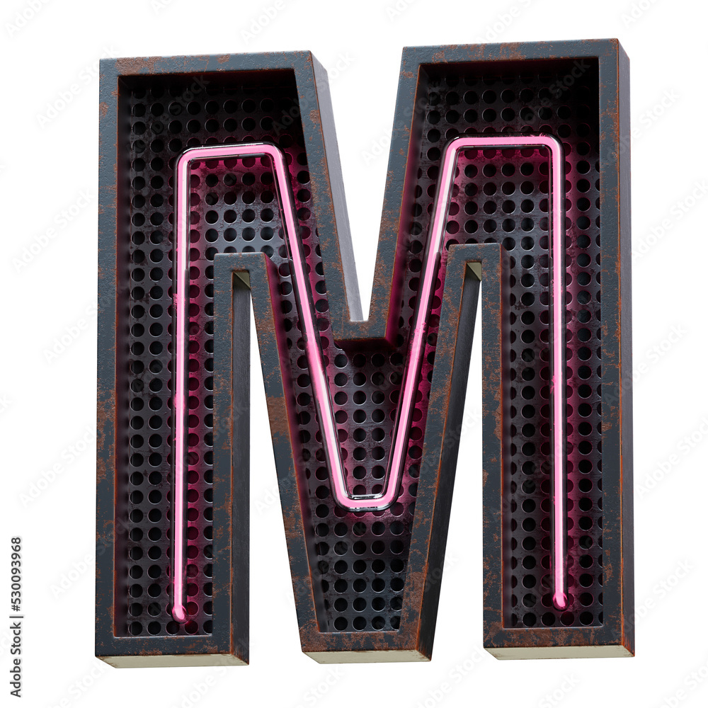 3D illustration of Pink Neon light alphabet character Capital letter M ...