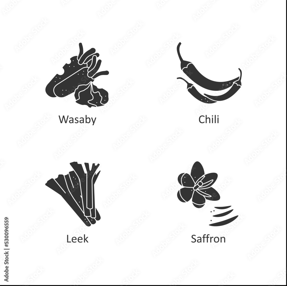 Herbs and spices glyph icons set. Different types of seasoning. Wasabi ...