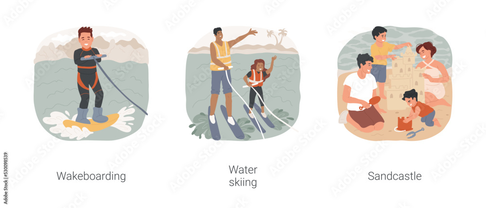 Beach activities isolated cartoon vector illustration set. Wakeboarding ...