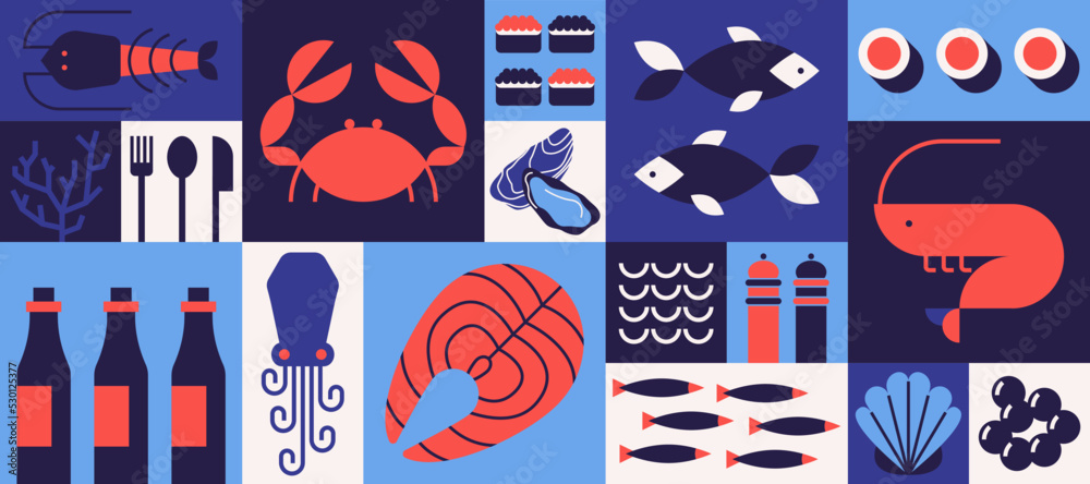 Geometric seafood background. Mosaic minimal crab shrimp fish oyster ...