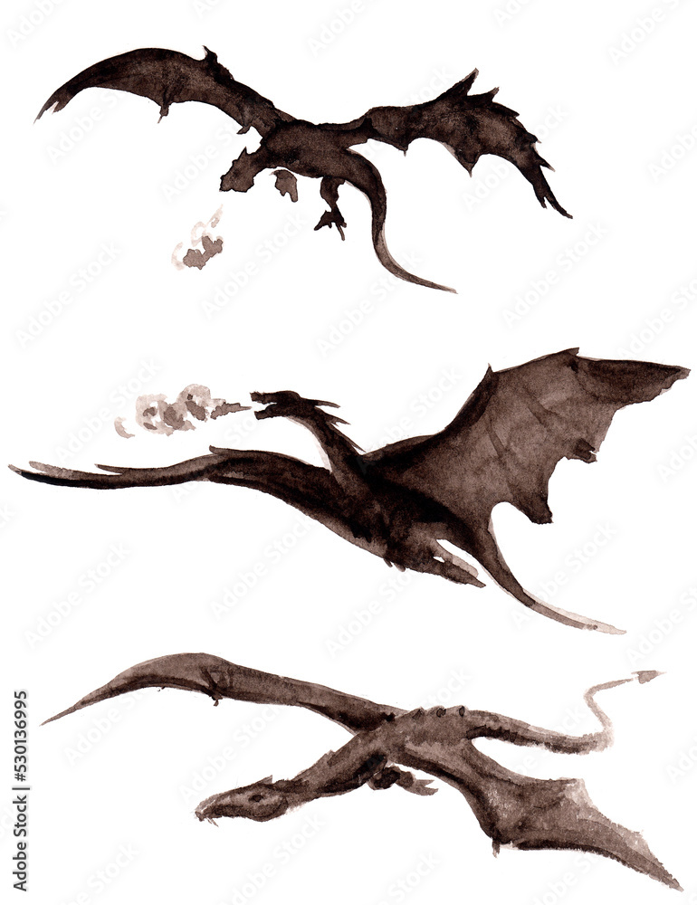 Set with three differents forms dragons isolated on white. Hand drawn ...