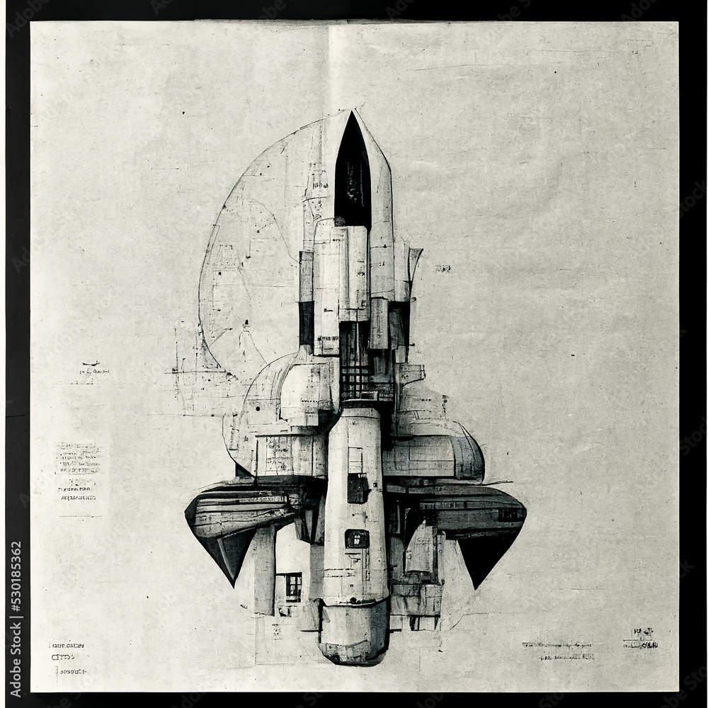 Science Fiction posters of space stations as mechanical drawings Stock ...