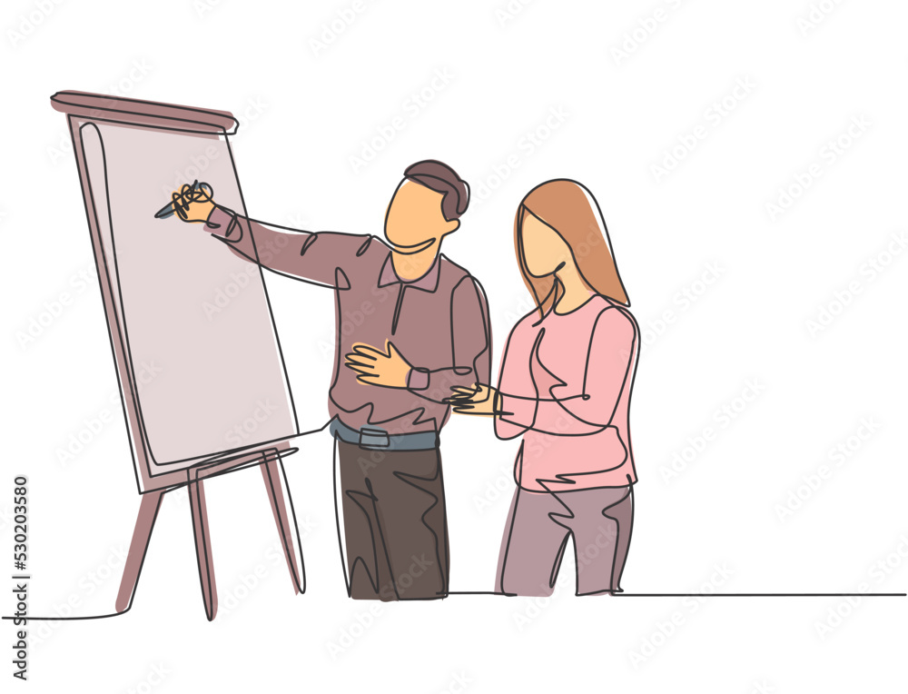 Vector de Stock Single continuous line drawing of male CEO explaining ...