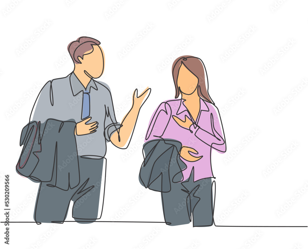 Single continuous line drawing of two young happy male and female ...