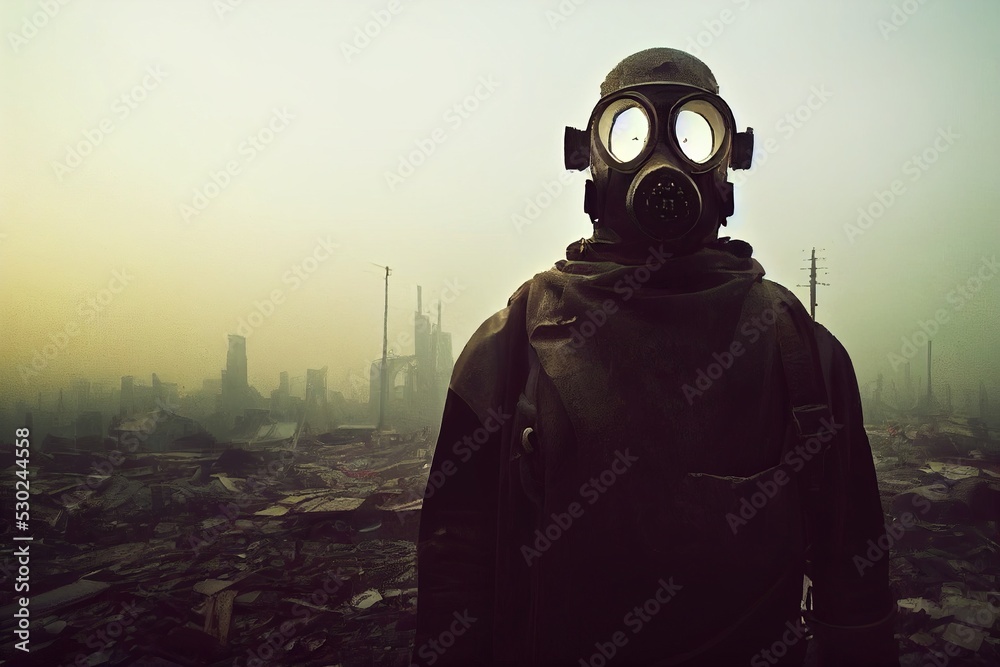 A stalker survivor in protective clothing and an old gas mask against ...