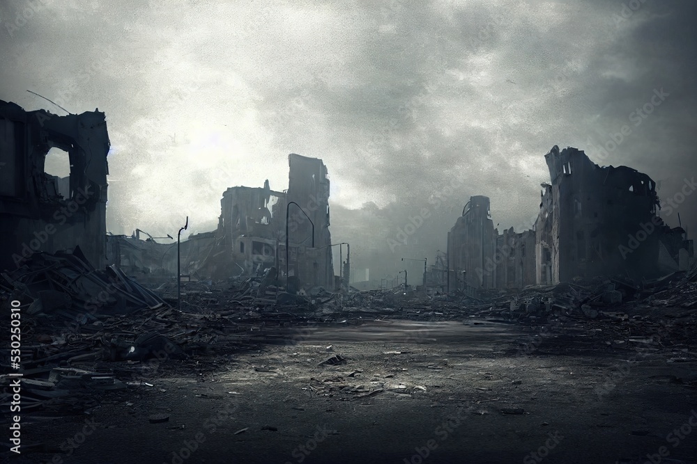 A post-apocalyptic ruined city. Destroyed buildings, burnt-out vehicles ...