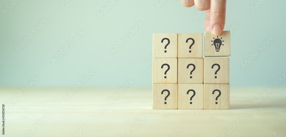 Question marks and light bulb symbolizing idea or solution. Problem ...