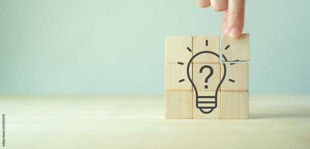 Question marks and light bulb symbolizing idea or solution. Problem ...