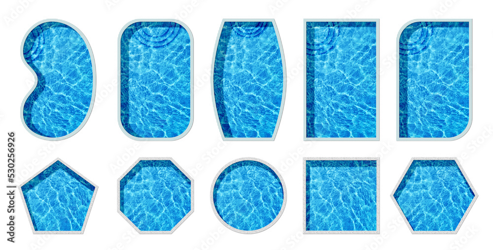 Set with swimming pools of different shapes on white background, top ...