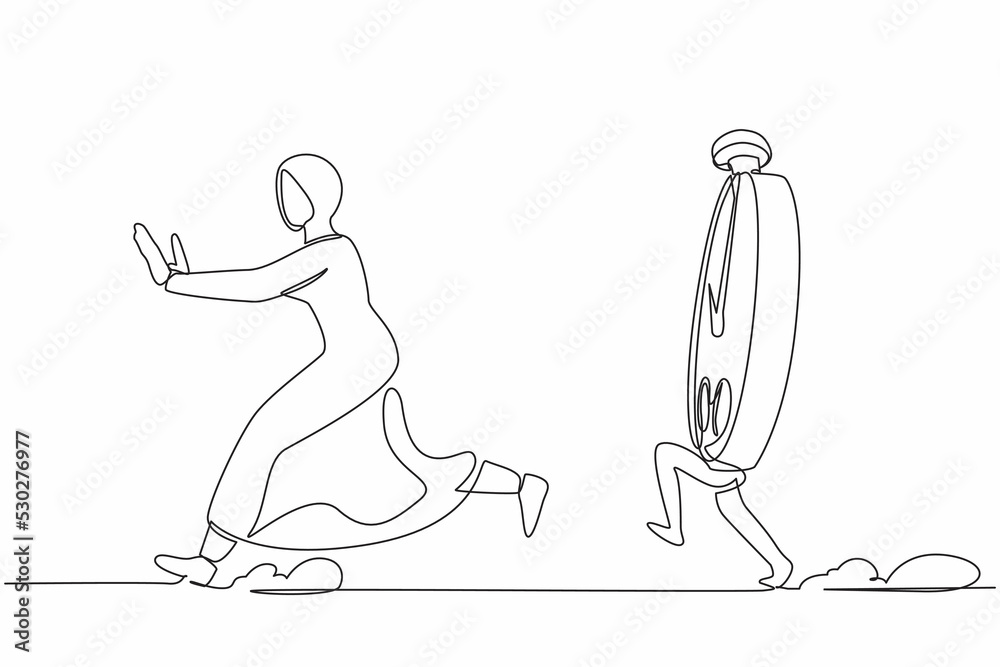Continuous one line drawing fright Arab business woman being chased by ...