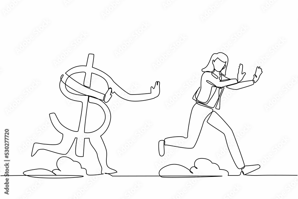 Continuous one line drawing scared businesswoman being chased by dollar ...