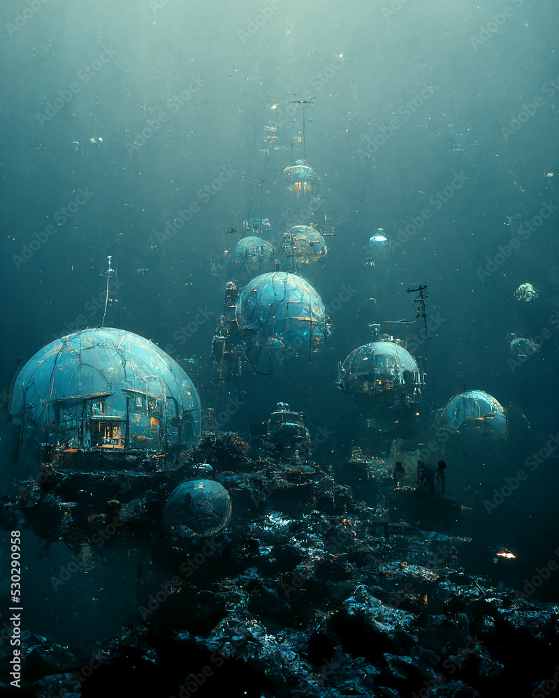 Стокова ілюстрація Alien Underwater Base in Sea Abyss Sci-Fi Art ...