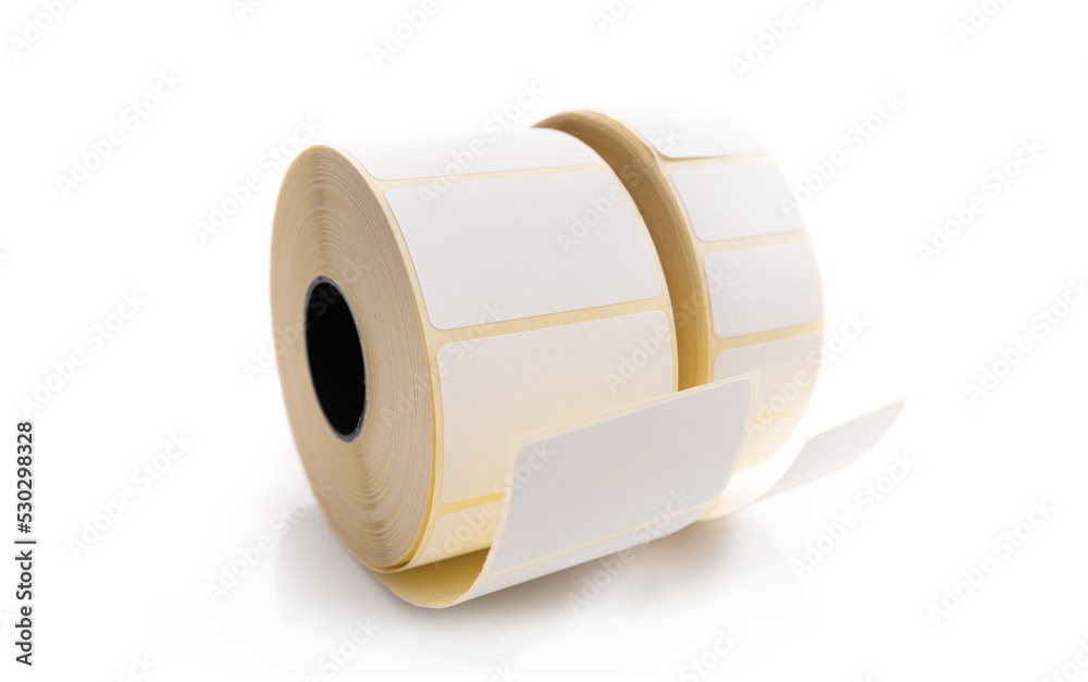 Barcode sticker roll isolated on white background. Blank adhesive empty ...