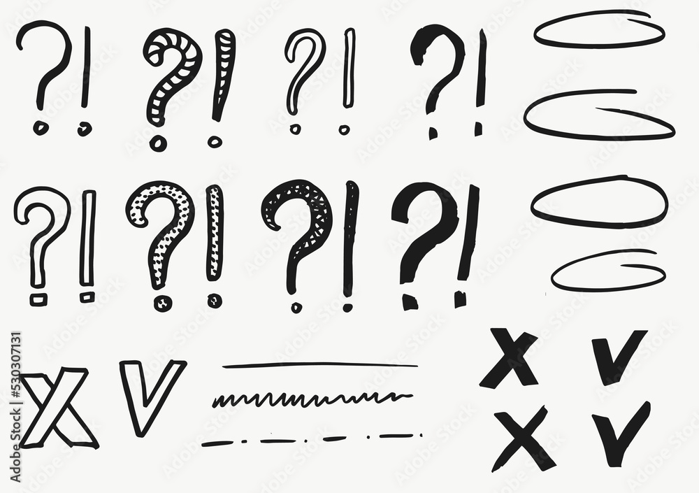Tick, cross, exclamation marks and question marks. Hand drawn set ...