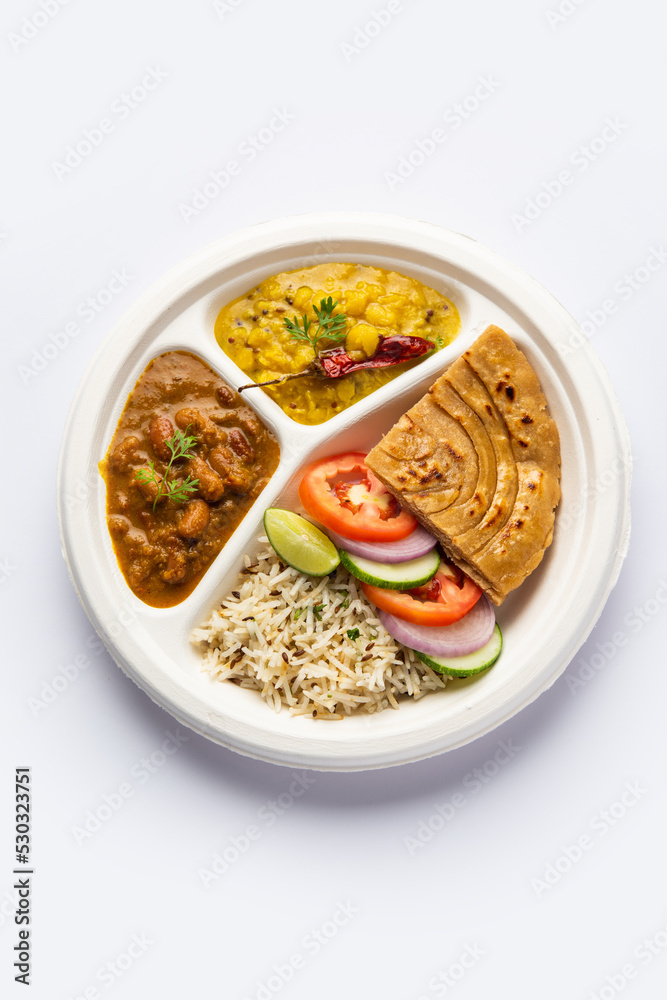Indian mini meal parcel platter, combo thali with Rajma Masala, roti ...