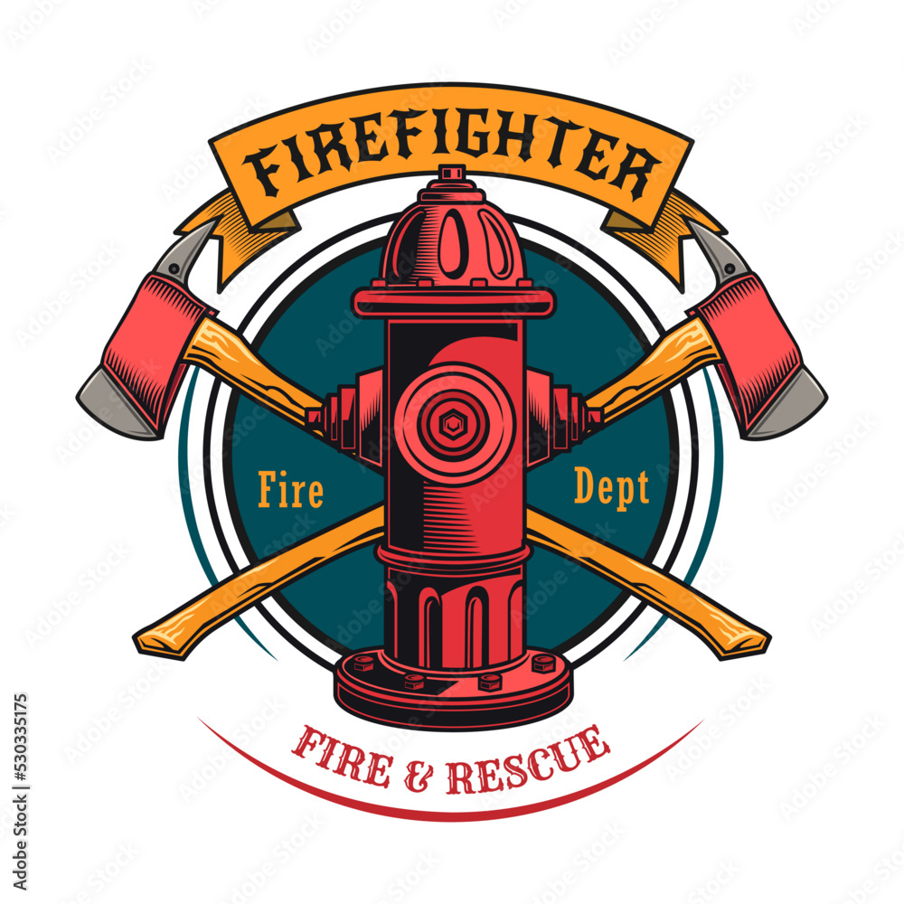 Firefighter patch. Badges with axes, hydrant, red heraldry with ribbons ...