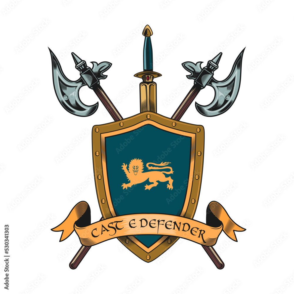 Medieval knight accessories. Helmets, shields, axes illustrations ...