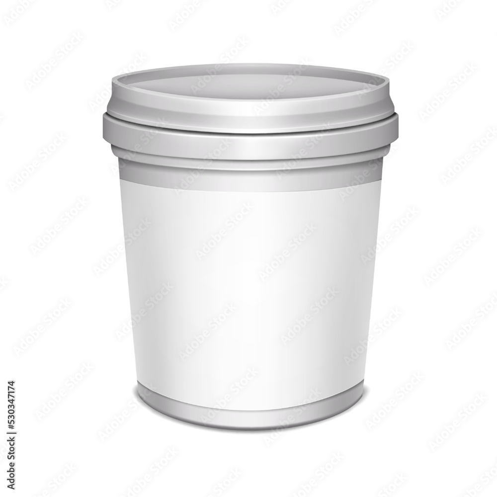 White blank plastic bucket with lid and empty label vector mock-up ...