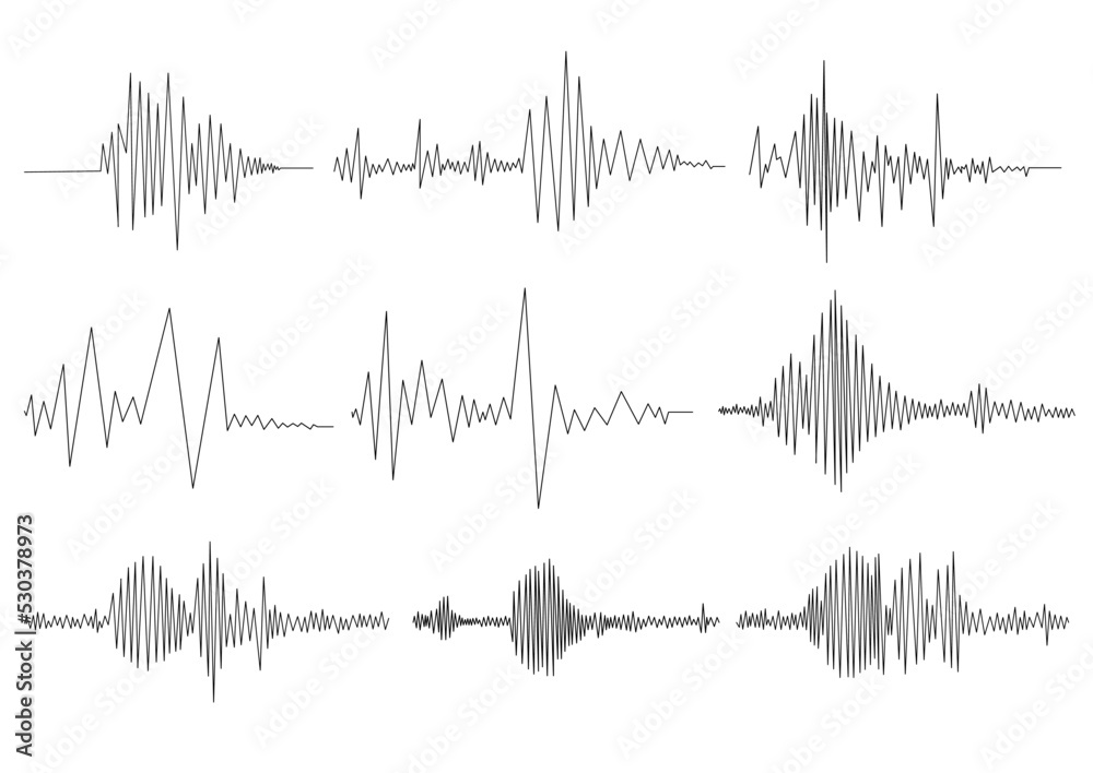 Earthquake seismogram or music volume waves set. Seismograph vibration ...