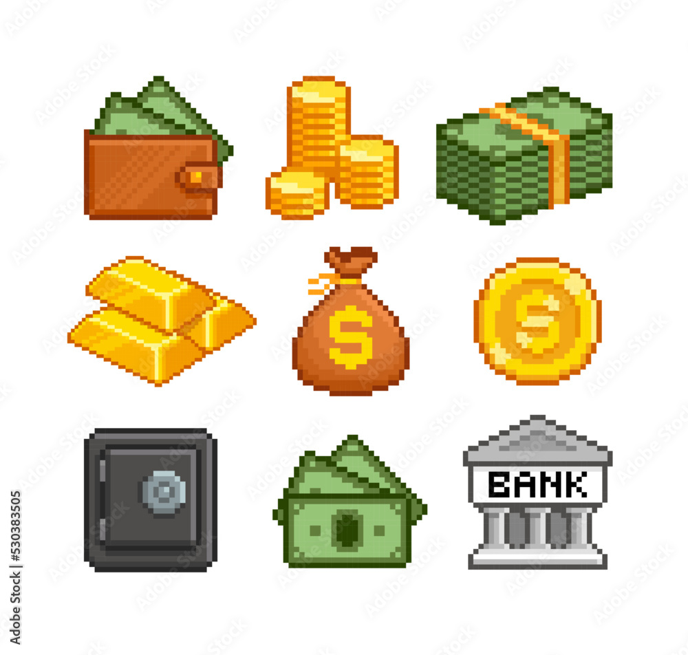 Vector de Stock Pixel Art Cash Money icons set for business and finance ...