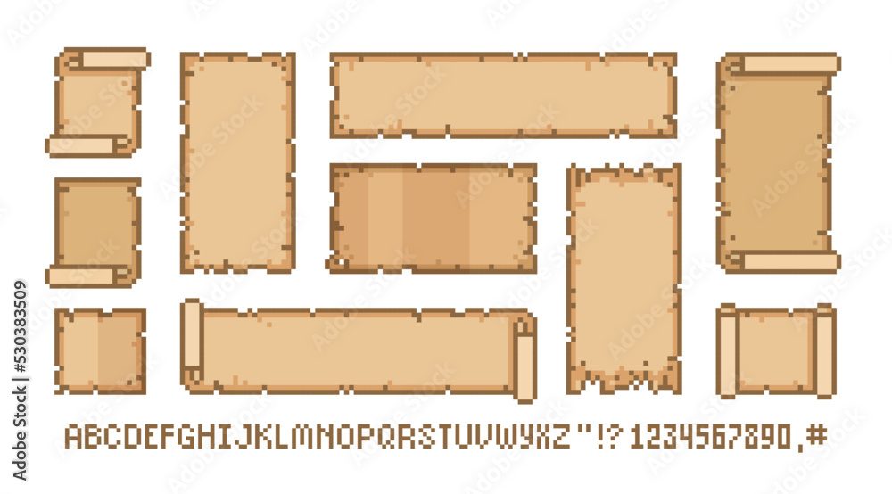 Vintage pixel ribbons and scrolls in 8-bit game style. Ancient ...