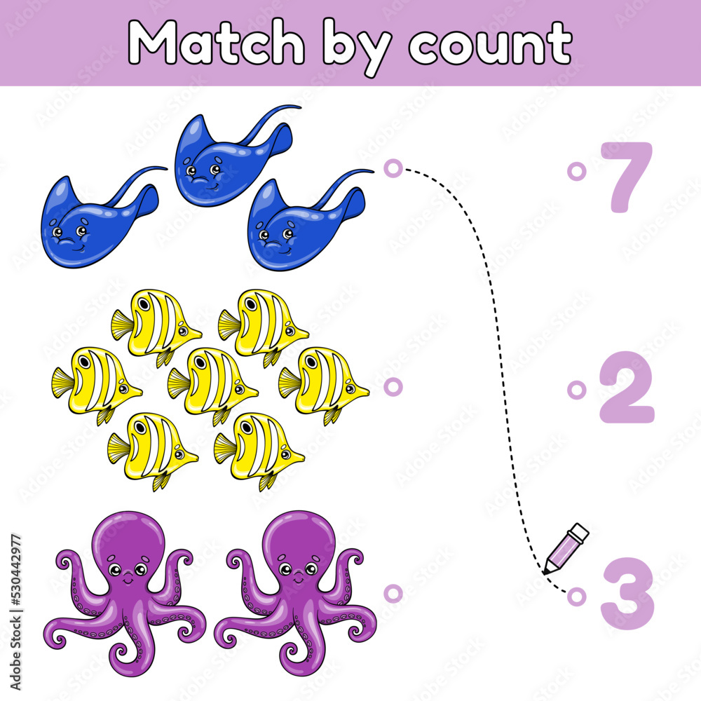 Count and match sea animals and numbers. Mathematical education game ...