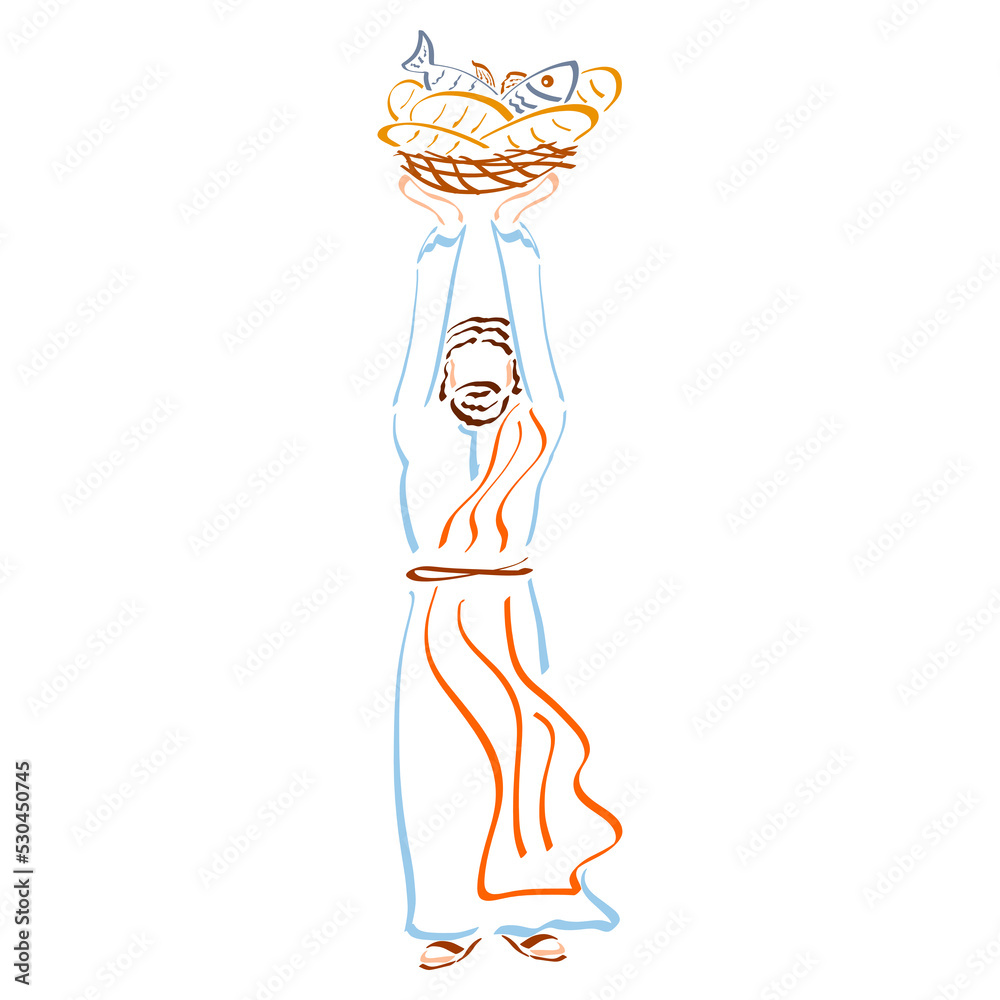 Lord Jesus raises the bowl of loaves and fish to heaven, the ...