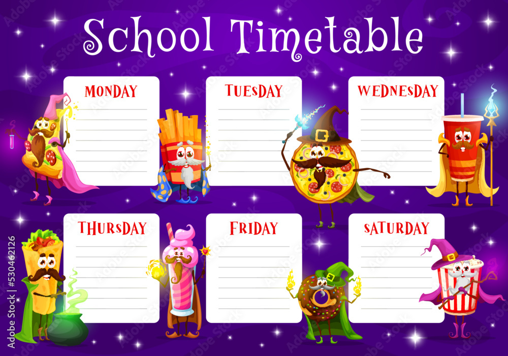Weekly timetable schedule, fast food cartoon wizard and mage characters ...