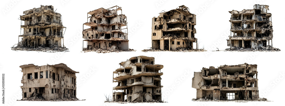 set of ruined houses, post-apocalyptic buildings isolated on white ...
