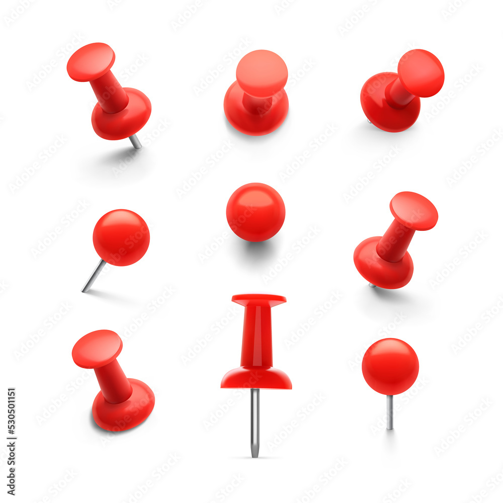 Set of push pins in different angles. Illustration on transparent ...