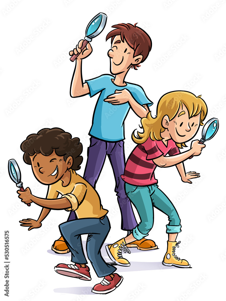 Illustration of three detective kids with magnifying glass Stock ...
