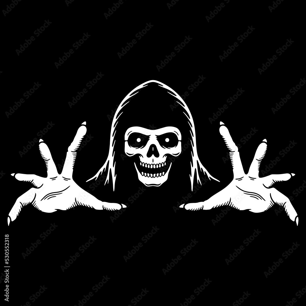 GRIM REAPER PULLS HIS HANDS WHITE BLACK BAGROUND Stock Vector | Adobe Stock