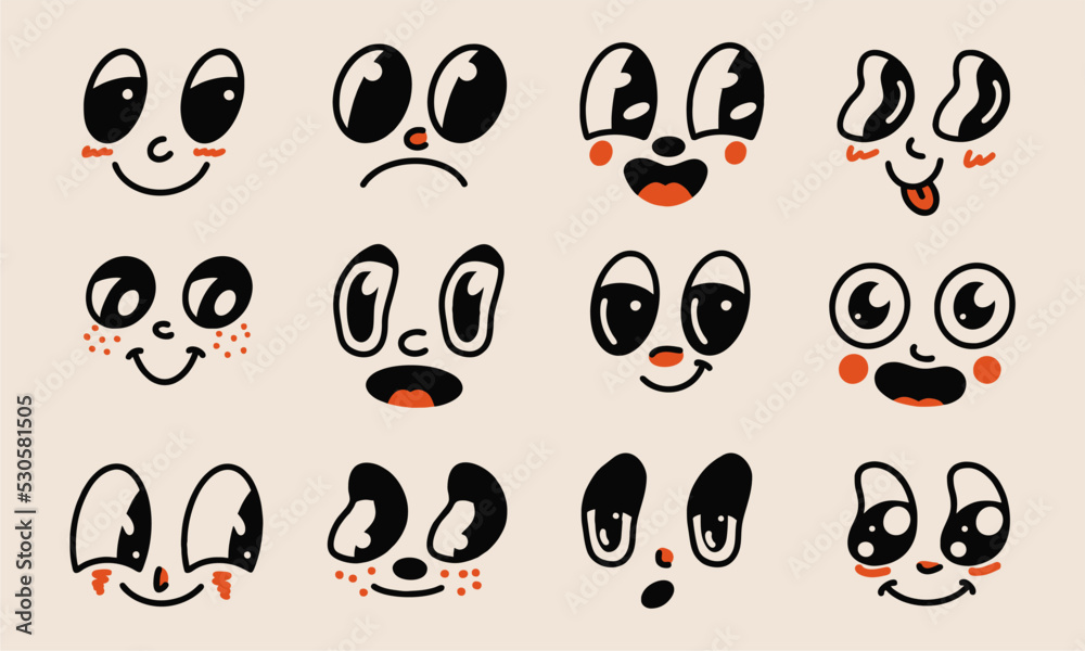Retro 30s cartoon and comics characters faces. Traditional emotions ...