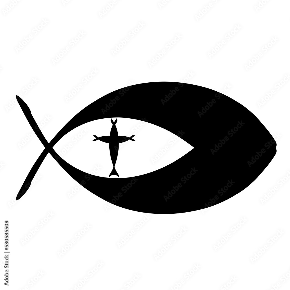 christian symbol, fish and cross inside, black logo on white background ...