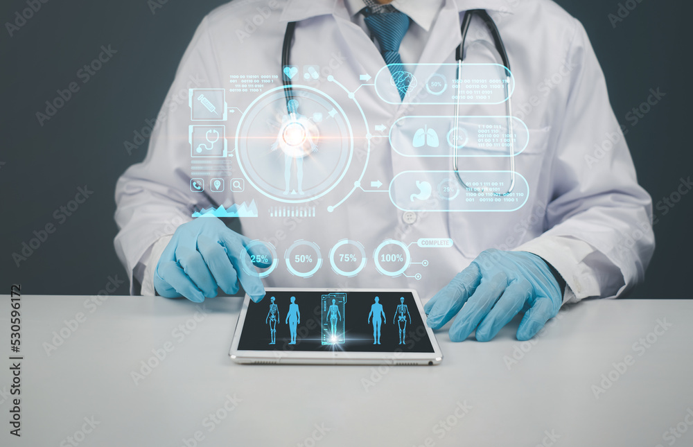 Concept electronic medical technology on tablet Digital healthcare body ...