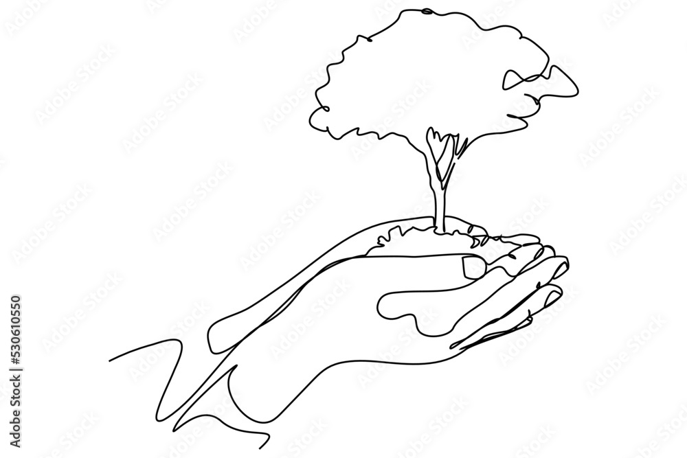 continuous line drawing return to nature with hands holding trees ...